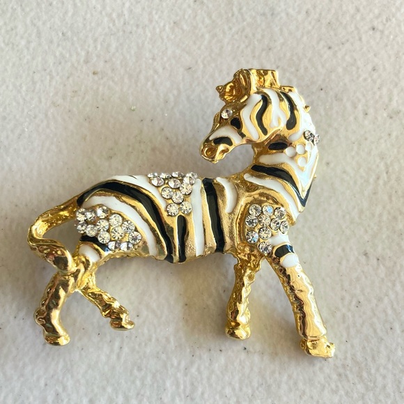 Vintage | Jewelry | Vintage Zebra Enamel Rhinestone Goldtone Brooch Pin ...